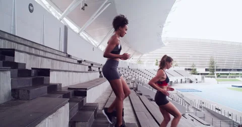 Exercise, stadium stairs and people runn... | Stock Video | Pond5