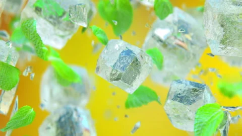 Exploding frosted ice cubes with mint le... | Stock Video | Pond5