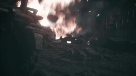 Explosions destroy mech in prison attack... | Stock Video | Pond5