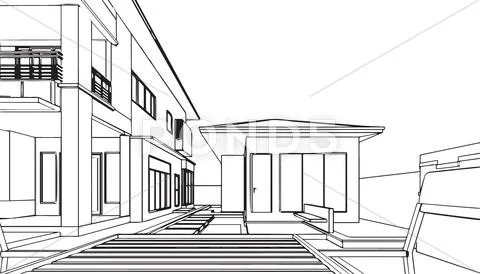 Exterior outline sketch drawing perspective of a space office ...