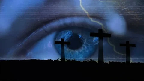 Eye looking at the cross of calvary reli... | Stock Video | Pond5