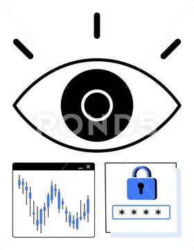 Eye symbol above a stock chart and a lock keypad with a password field ...