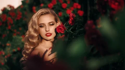 Fabulous girl with red lips in red dress... | Stock Video | Pond5