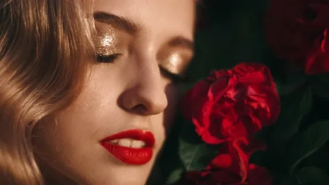 Fabulous girl with red lips in red dress... | Stock Video | Pond5