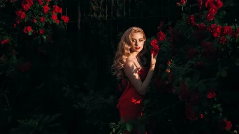 Fabulous girl with red lips in red dress... | Stock Video | Pond5