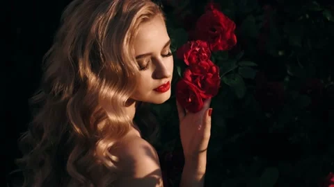 Fabulous girl with red lips in red dress... | Stock Video | Pond5