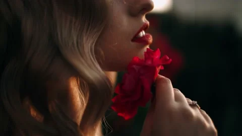Fabulous girl with red lips in red dress... | Stock Video | Pond5