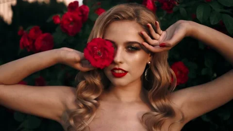 Fabulous girl with red lips in red dress... | Stock Video | Pond5