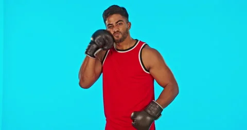Face, boxer challenge and man in studio ... | Stock Video | Pond5