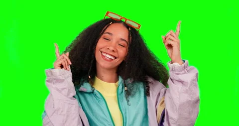 Face, green screen and woman pointing up... | Stock Video | Pond5