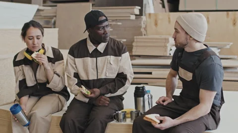 Factory Workers Talking during Lunch Bre... | Stock Video | Pond5