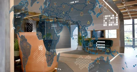 Faint world map outline initiating 3D ov... | Stock Video | Pond5