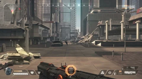 Fake 3D game. Sci-fi city shooter with h... | Stock Video | Pond5