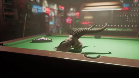 A fake animal skull on a pool table | Stock Video | Pond5