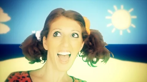 Fake little girl cartoon beach | Stock Video | Pond5