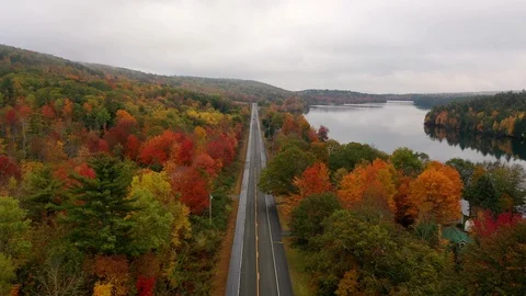 Fall Foliage St George Lake road flyover... | Stock Video | Pond5