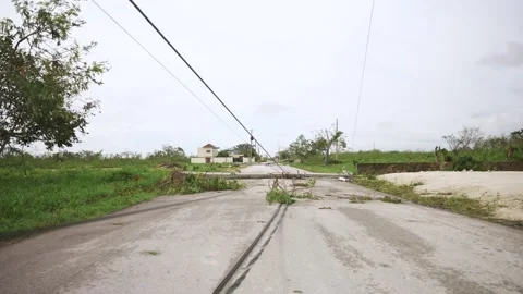Fallen power line pole and cables after ... | Stock Video | Pond5