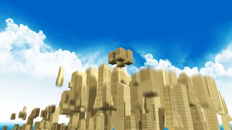 Falling 3d buildings with cartoony style | Stock Video | Pond5