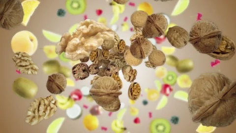 Falling WALNUTS and Fruits Ring Animatio... | Stock Video | Pond5