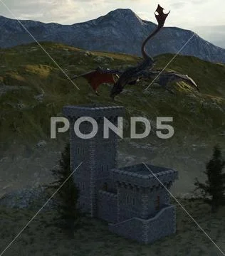 Fantasy dragon and medieval tower 3d illustration: Royalty Free #144444122