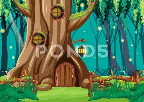 Fantasy forest background with hollow tree ~ Clip Art #166555491