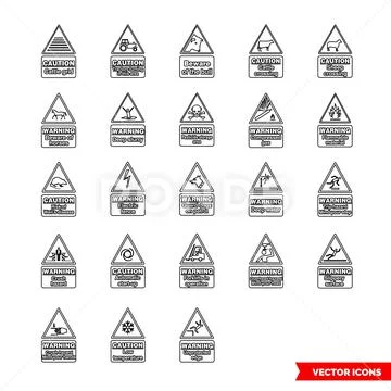 Farm safety hazard signs icon set of outline types. Isolated vector ...