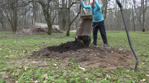 Farmer unload wheelbarrow with compost o... | Stock Video | Pond5