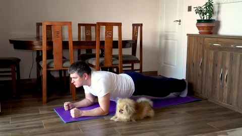 Fat man and pomeranian dog doing gymnast... | Stock Video | Pond5