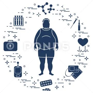 Fat man with medical devices, tools and drugs around him. Health and ...