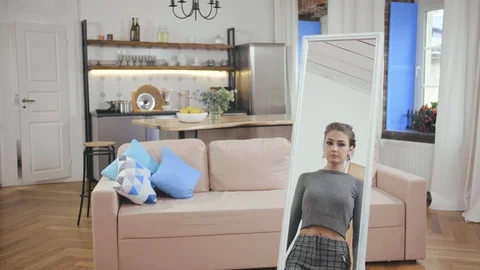 Fat woman sees herself in the mirror as ... | Stock Video | Pond5