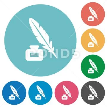 Feather and ink bottle with label flat round icons ~ Clip Art #152282255