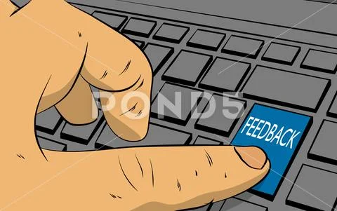 Feedback word on computer keyboard. Man push keypad on laptop. Comic ...