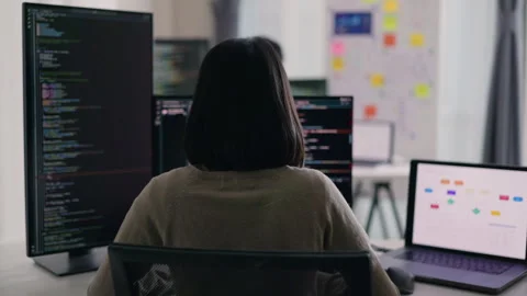 Female Developer Focused on Multiple Scr... | Stock Video | Pond5