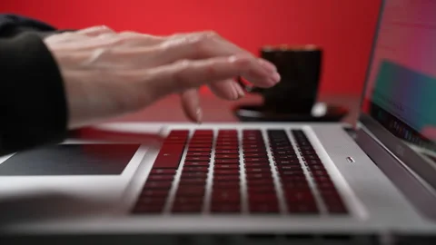 Female fingers press laptop keyboard. Do... | Stock Video | Pond5