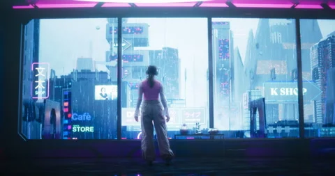 Female in Futuristic Cyberpunk Room | Stock Video | Pond5