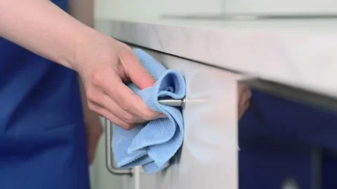 female hand with a blue rag wipes the do... | Stock Video | Pond5