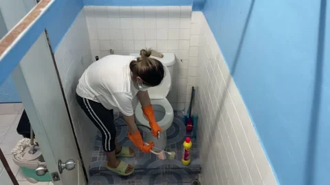 Female housekeeper cleaning bathroom and... | Stock Video | Pond5
