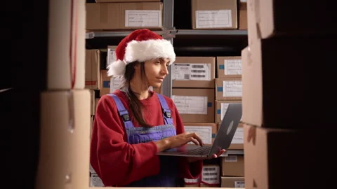Female inventory manager wearing Santa h... | Stock Video | Pond5