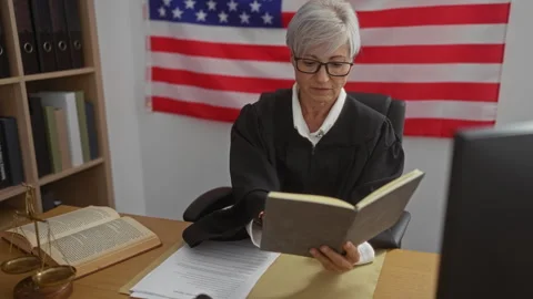 Female judge reading book in an office w... | Stock Video | Pond5