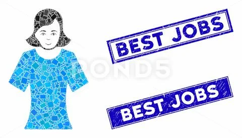 Female Mosaic and Scratched Rectangle Best Jobs Stamps: Graphic #120491441