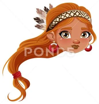 Female Native American cartoon head Illustration #244458140