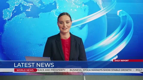 Female Newscaster in News Studio Talking | Stock Video | Pond5