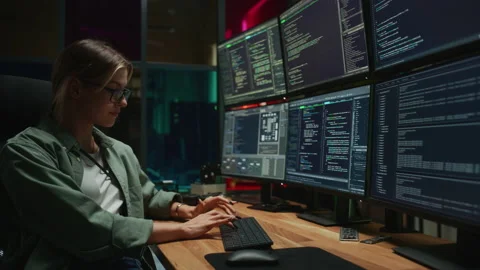 Female Programmer Using Multiple Display... | Stock Video | Pond5