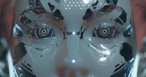 Female robot awakening opening digital c... | Stock Video | Pond5