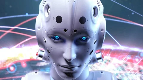 female robot evil look. on digital globe... | Stock Video | Pond5