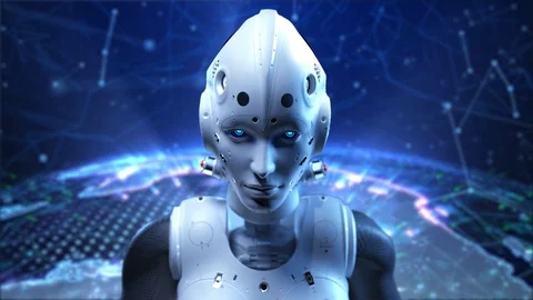 female robot evil look. on digital globe... | Stock Video | Pond5