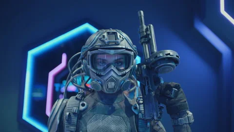 Female soldier of future in futuristic c... | Stock Video | Pond5