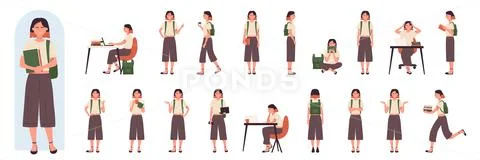 Female student character poses in side, front and back view set, lady ...