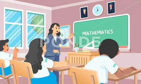 Female teacher starting math class in front first grade elementary ...