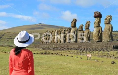 Female Visiting the Iconic Fifteen Moai Statues of Ahu Tongariki ...